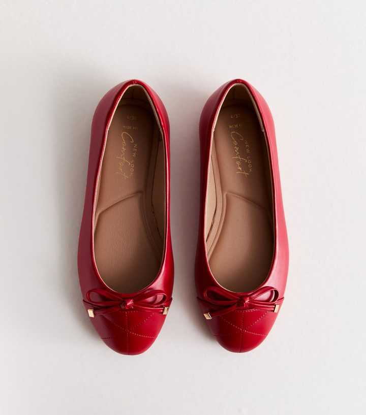 Wide Fit Red Quilted Toe Cap Ballerina Pumps | New Look