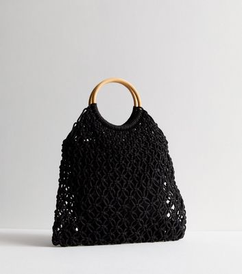 Black Crochet Circle Handle Bag | New Look