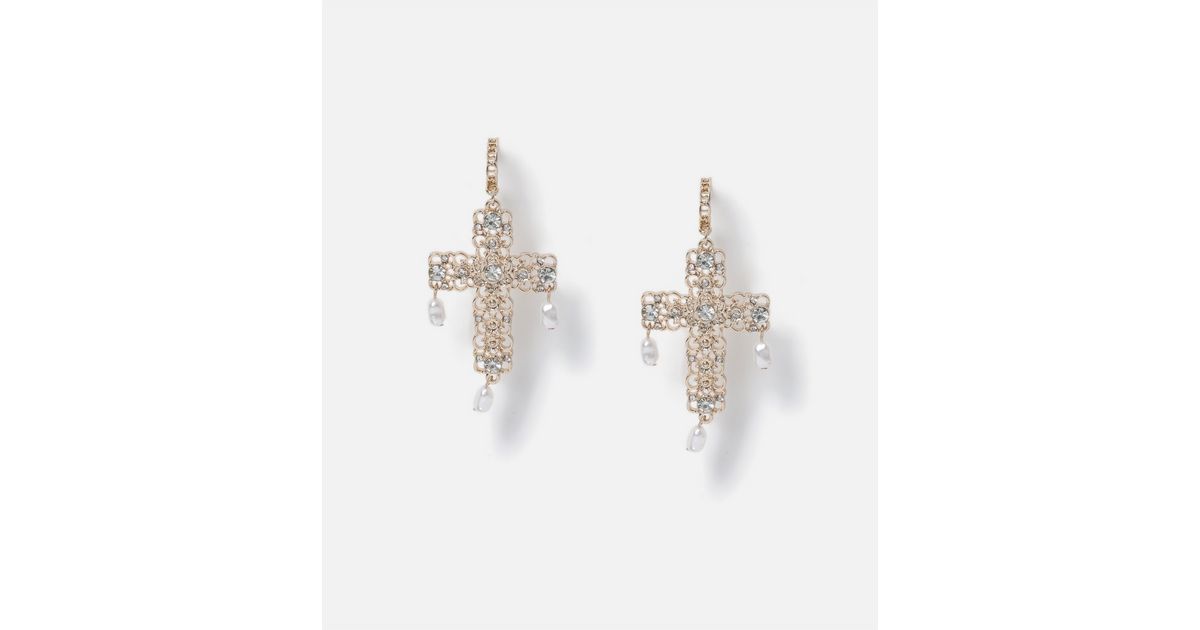 Freedom Faux Pearl Cross Drop Hoop Earrings | New Look