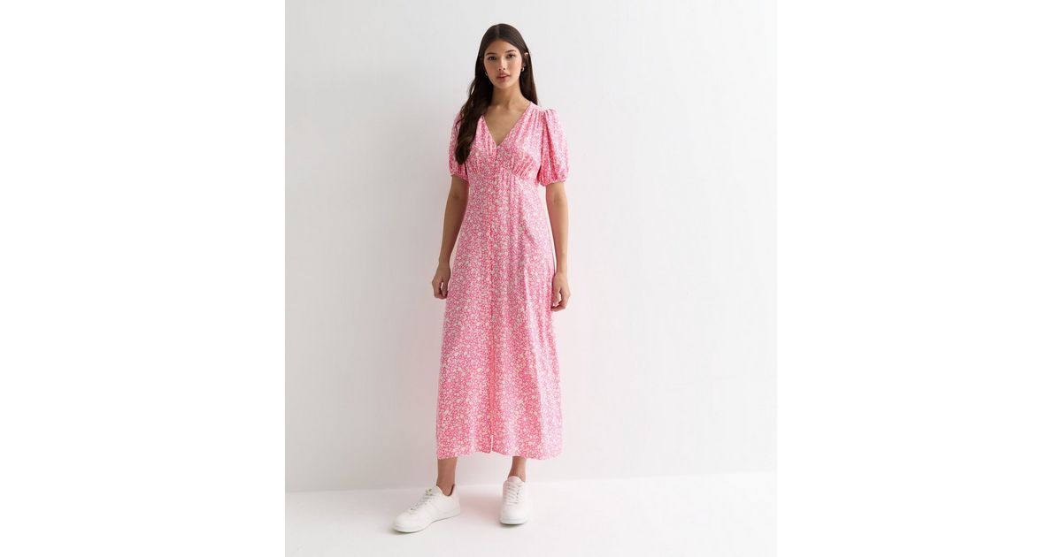 Pink Floral V-Neck Midi Dress | New Look
