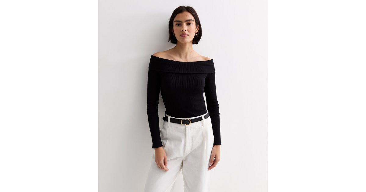 Black Ribbed Bardot Long Sleeve Top New Look
