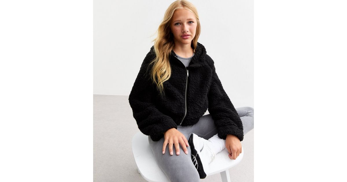 Girls Black Borg Zip Through Hooded Jacket | New Look