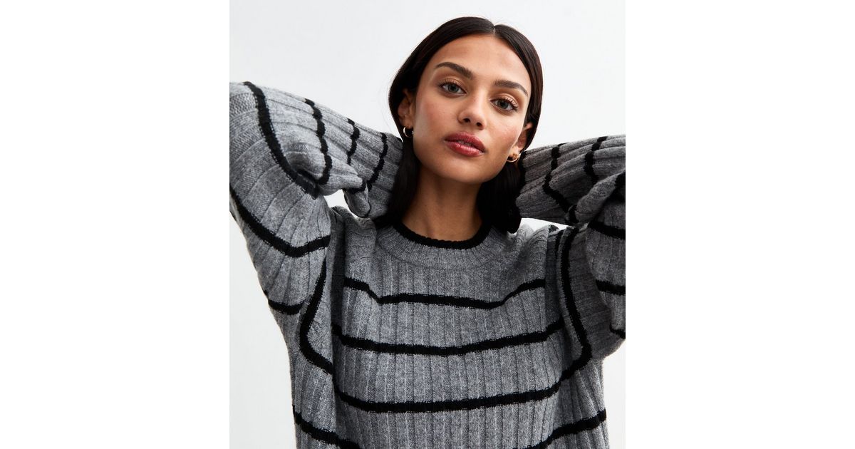 Grey Striped Ribbed Knit Long Raglan Jumper | New Look