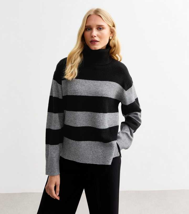 Grey Stripe Roll Neck Knit Jumper | New Look