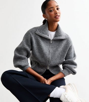 Dark Grey Rib Knit High Neck Cardigan | New Look