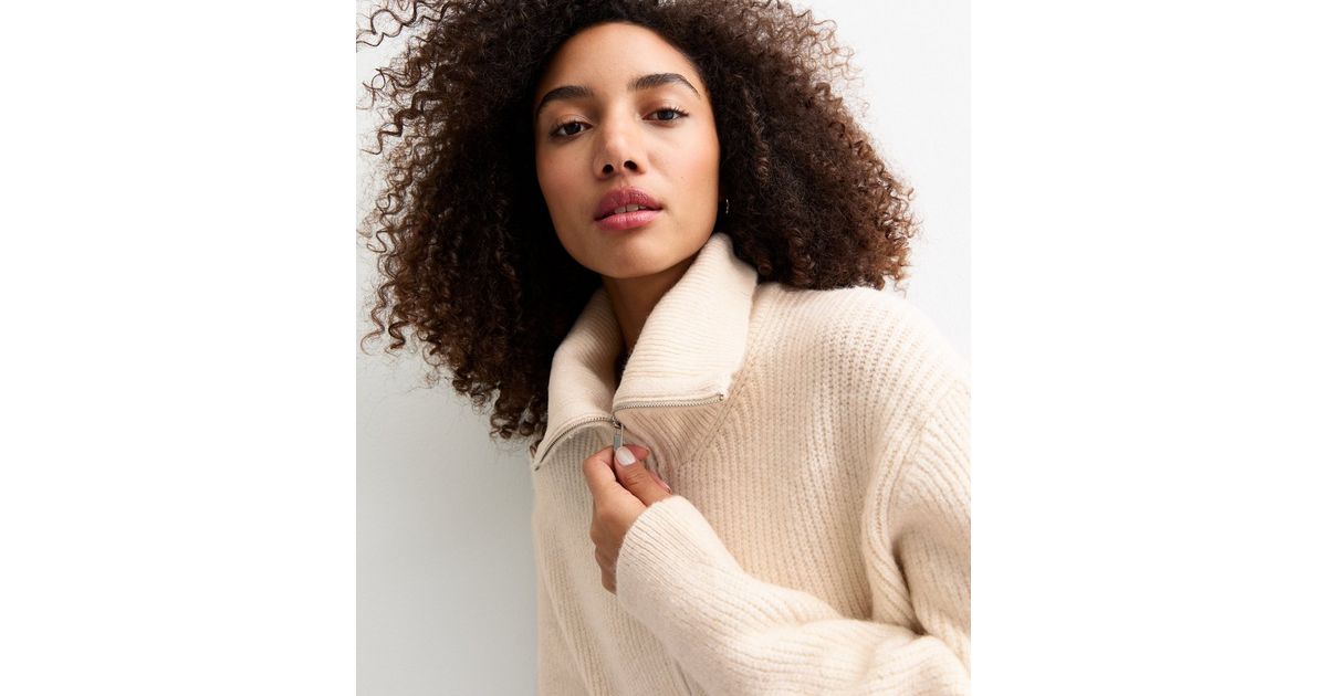 Cream Rib Knit High Neck Cardigan | New Look