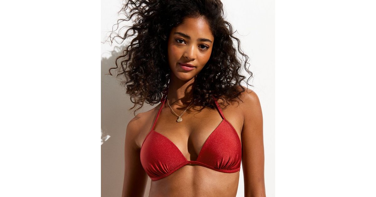 Red Moulded-Cup Triangle Bikini Top | New Look
