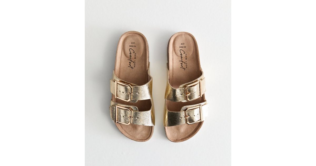 Wide Fit Gold Leather-Look Double Strap Sliders | New Look