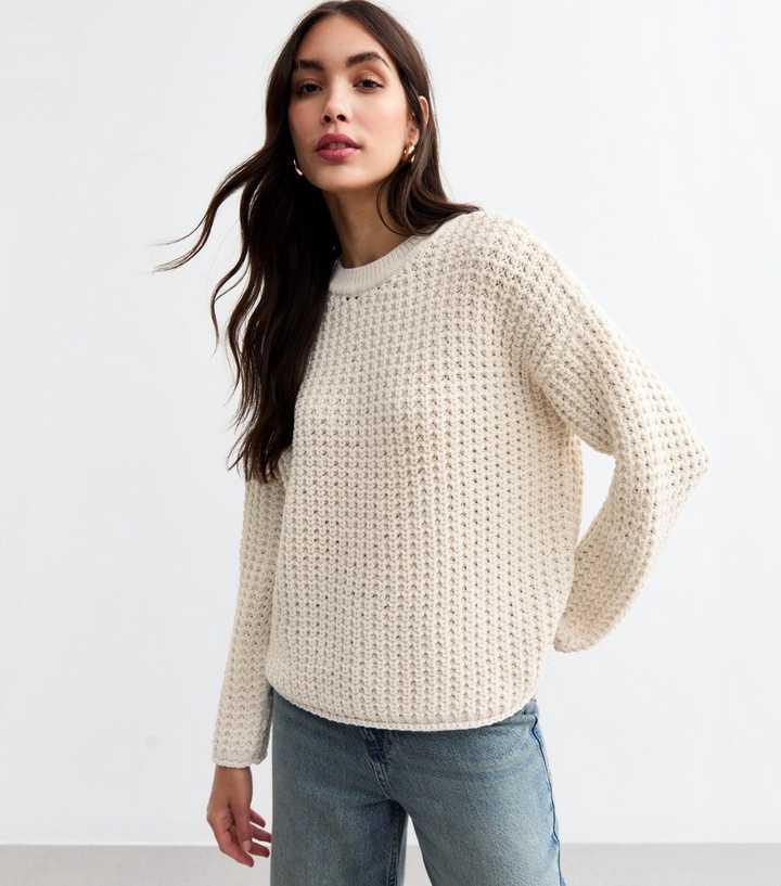Off White Moss Stitch Crew-Neck Jumper | New Look