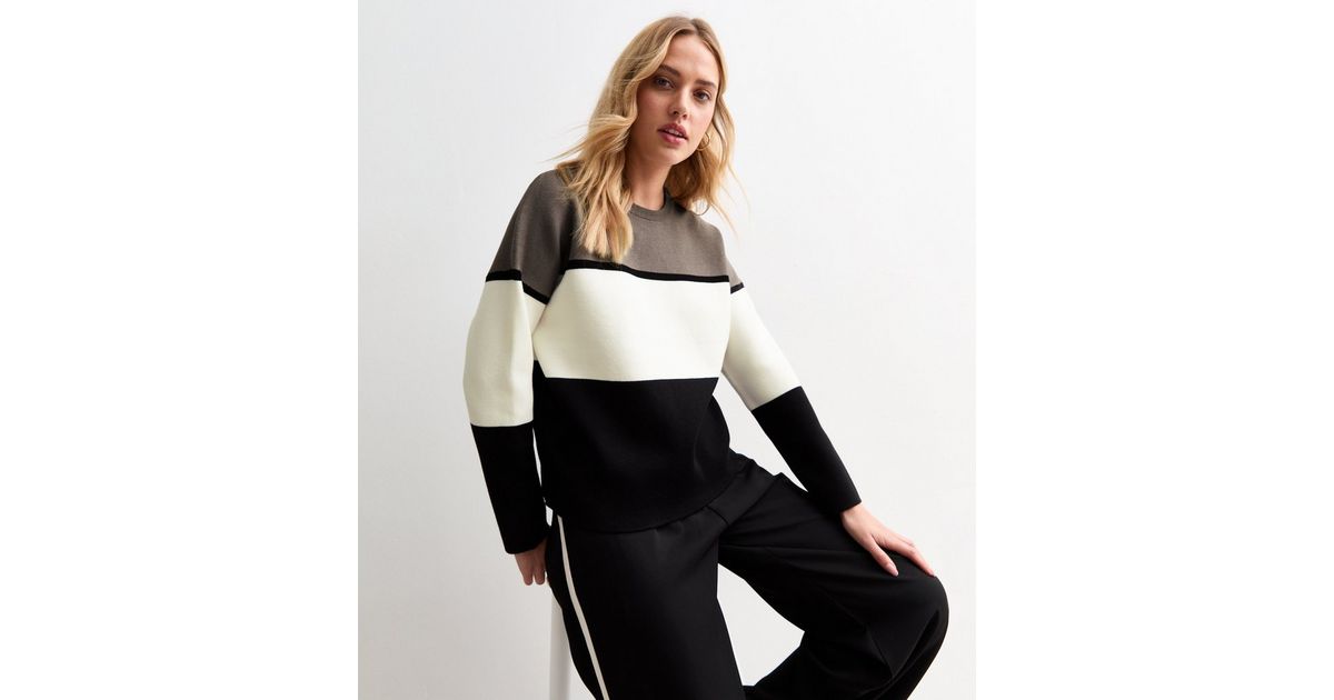 Brown Compact Knit Colour Block Jumper | New Look