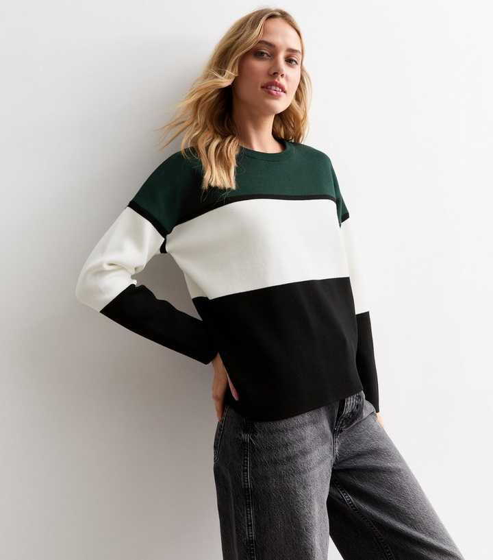 Green Compact Knit Colour Block Jumper | New Look
