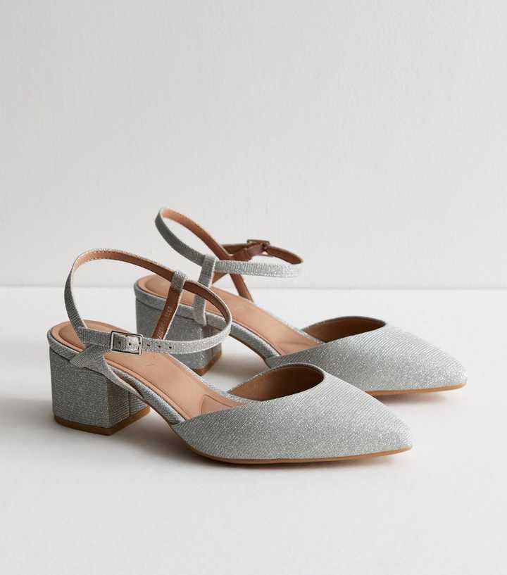 Extra Wide Fit Silver Shimmer Block Heel Court Shoes | New Look