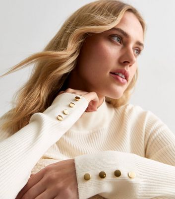 Off White Ribbed Buttoned Cuff Jumper | New Look