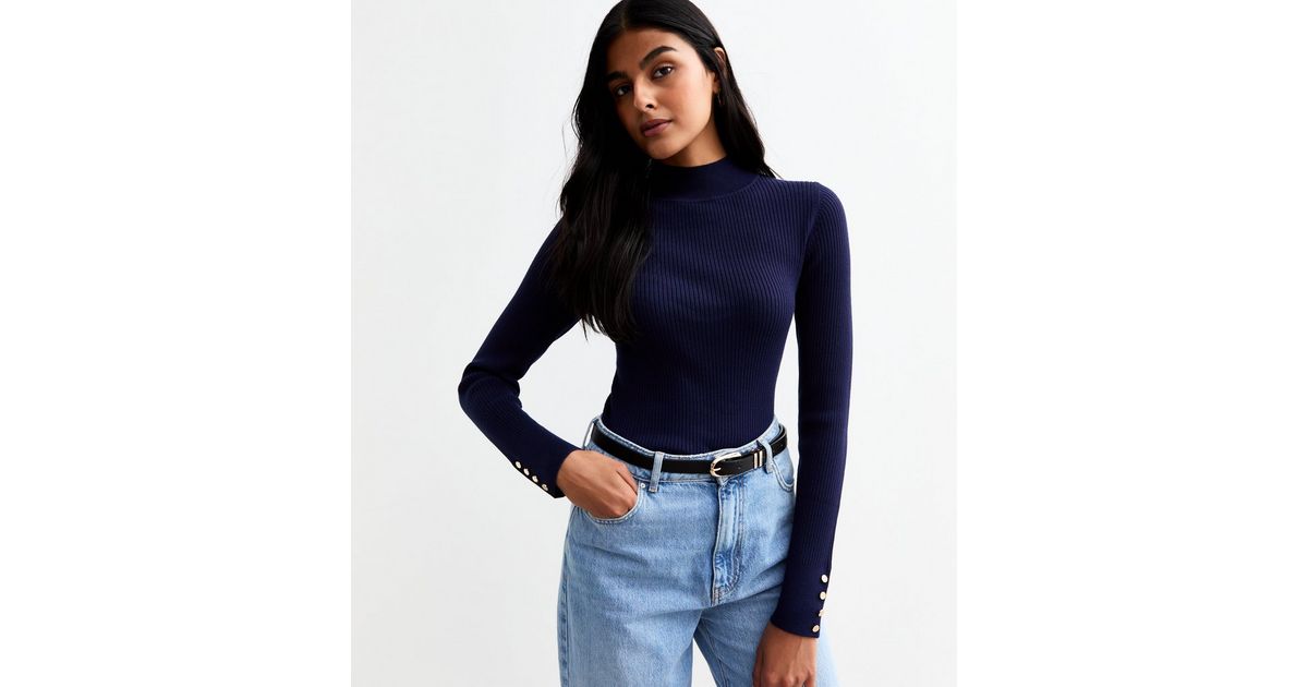 Navy Ribbed Buttoned Cuff Jumper | New Look