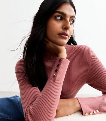 Pink Ribbed Buttoned Cuff Jumper | New Look