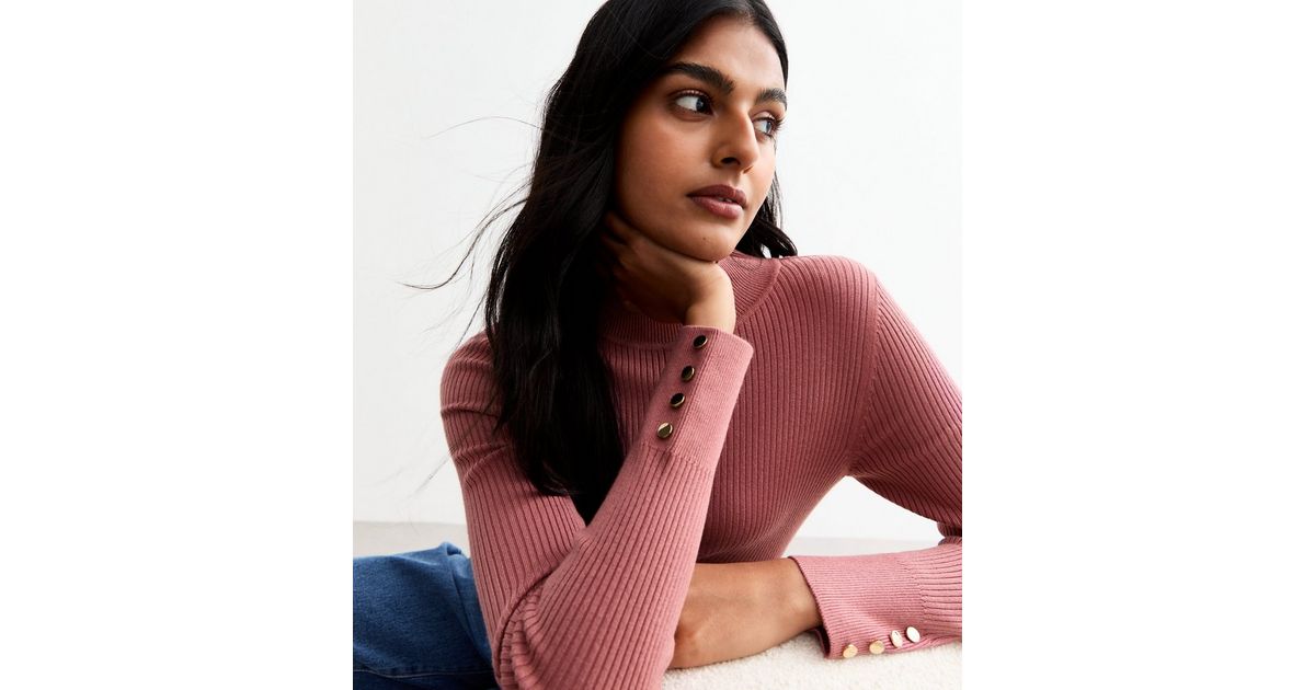 Pink Ribbed Buttoned Cuff Jumper | New Look