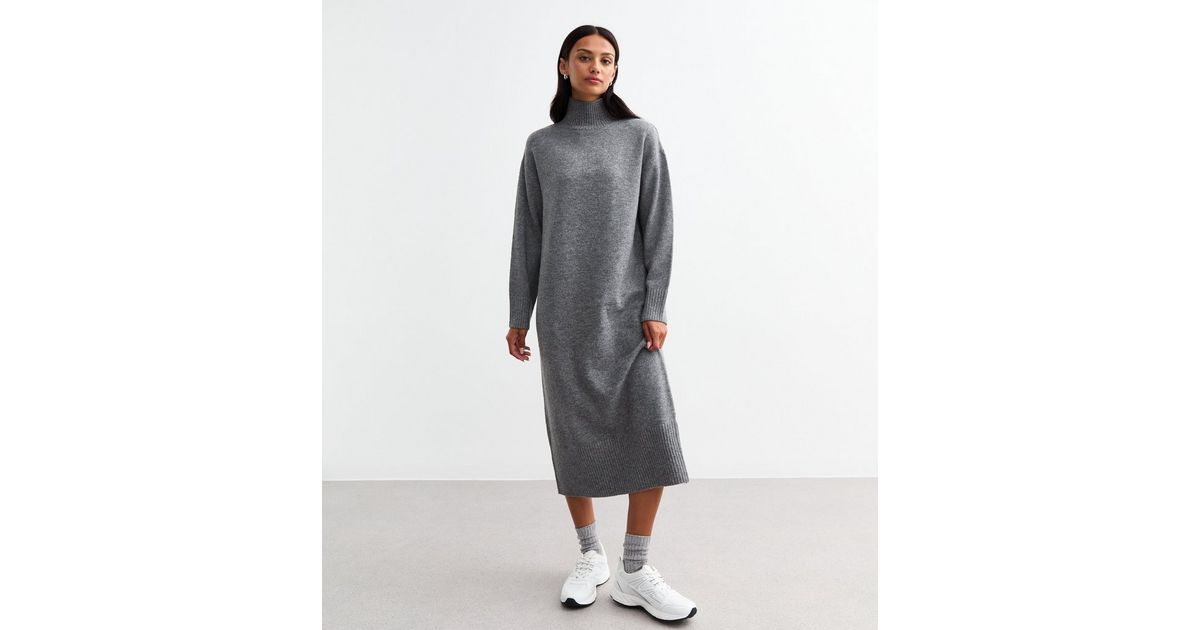 Grey Knit High Neck Midi Dress | New Look