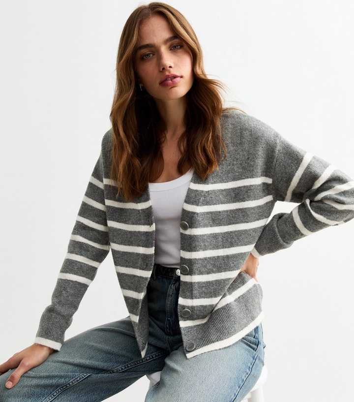 Grey Striped Button Up Knitted Cardigan | New Look