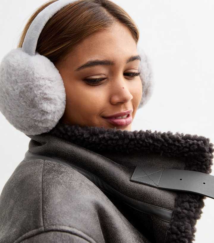 Grey Faux Fur Adjustable Headband Earmuffs | New Look