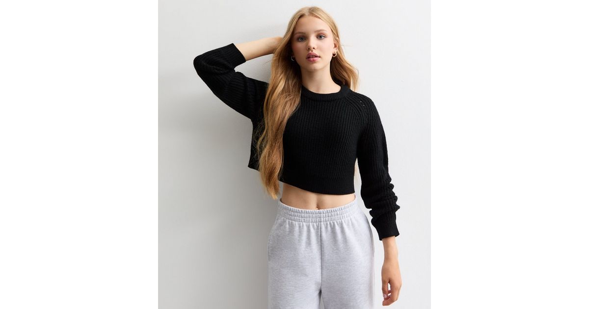 Girls Black Hole Detail Crew Neck Crop Jumper | New Look
