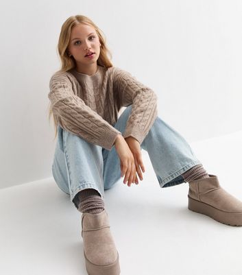 Girls Light Brown Cable Knit Crop Jumper | New Look