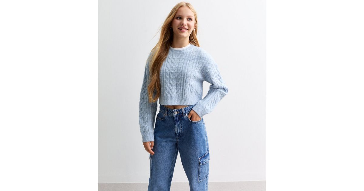 Girls Pale Blue Cable Knit Crop Jumper | New Look