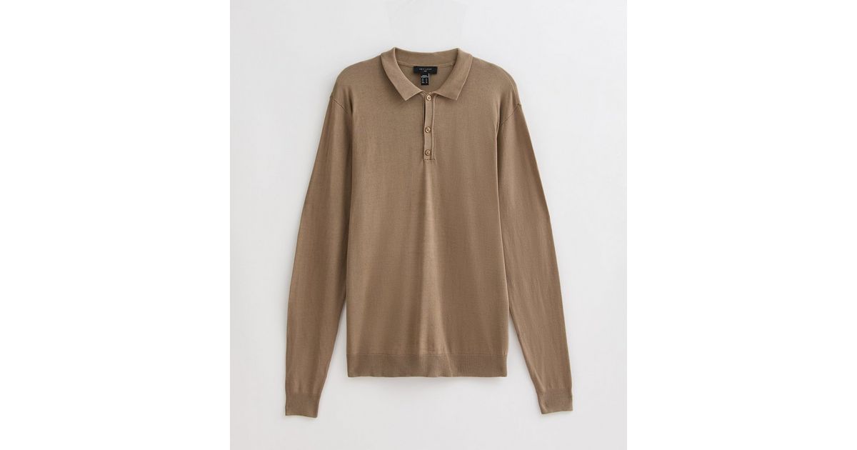 Light Brown Slim Fine Knit Long Sleeve Polo Top | New Look