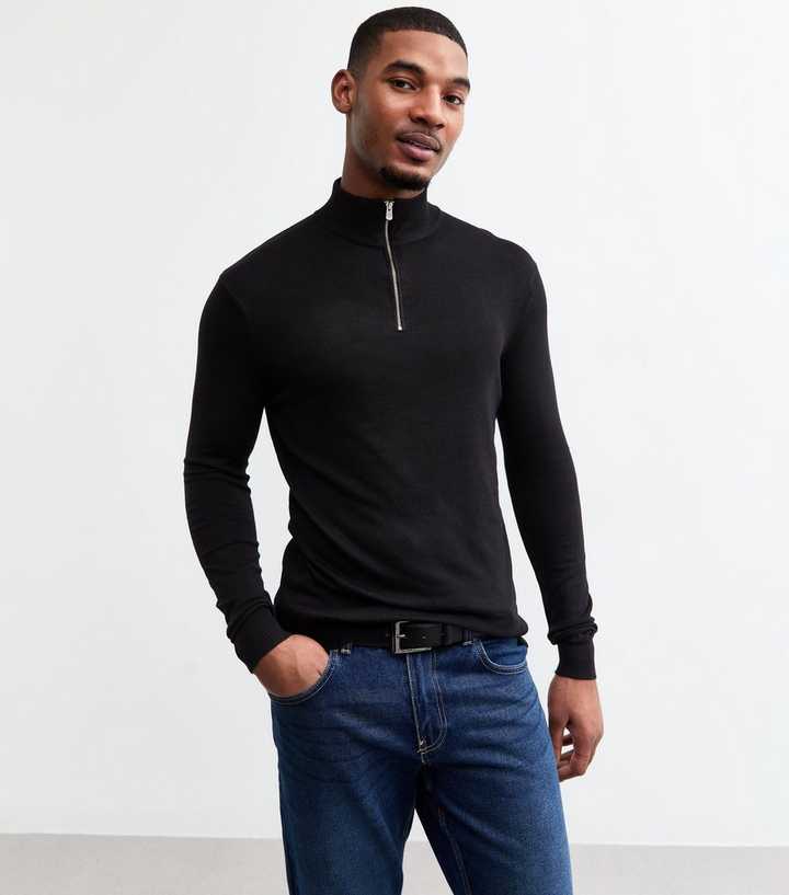 Black Slim Quarter Zip Lightweight Knit Jumper | New Look