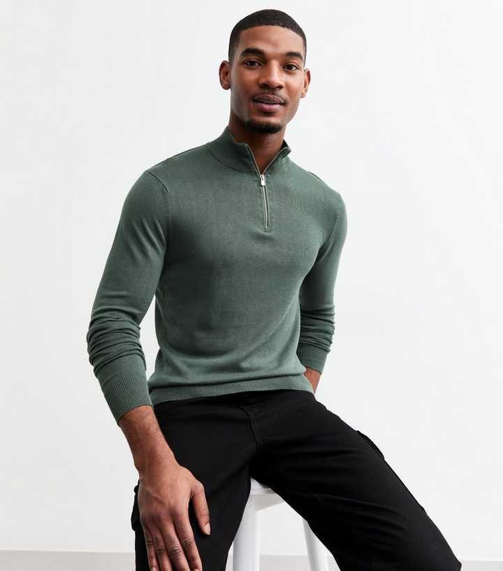 Khaki Slim Quarter Zip Lightweight Knit Jumper | New Look
