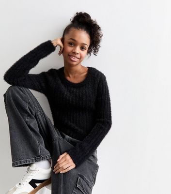Girls Black Fluffy Ribbed Fitted Jumper | New Look