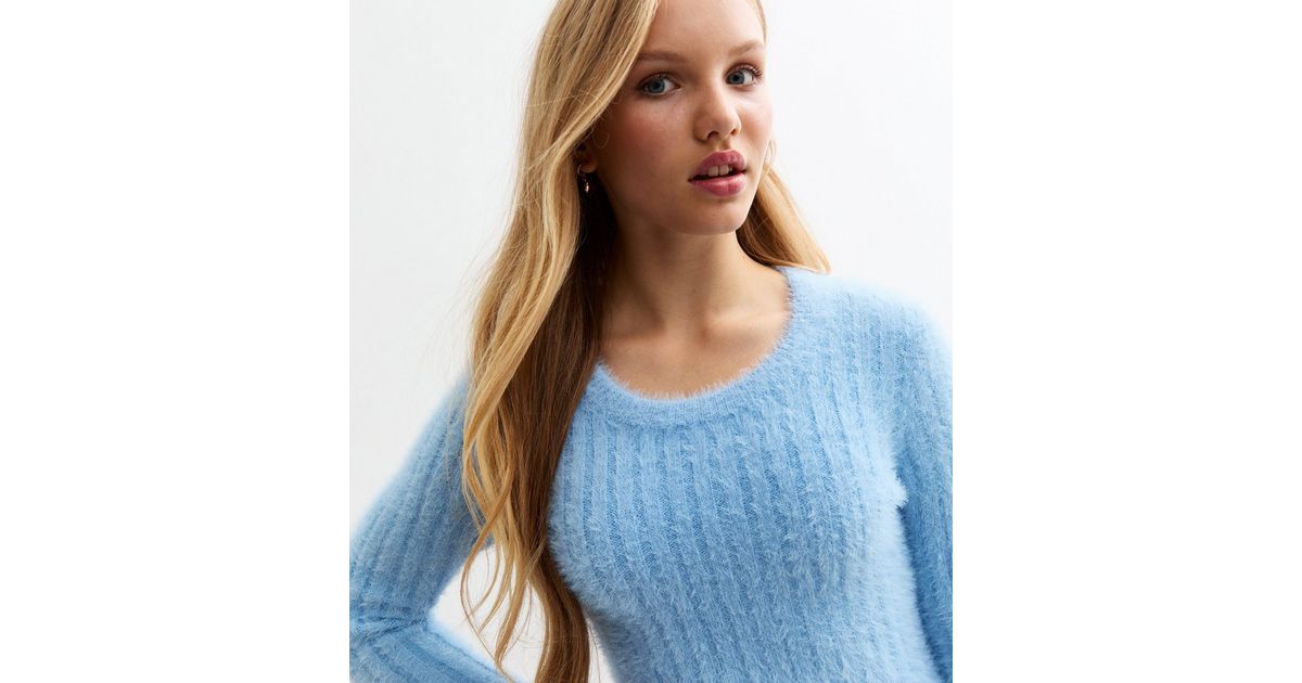 Girls Blue Fluffy Ribbed Fitted Jumper | New Look