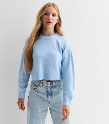Girls Pale Blue Crop Ribbed Cuff Jumper | New Look