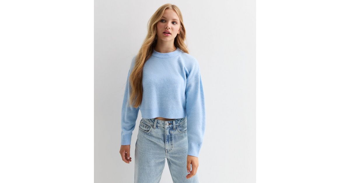 Girls Pale Blue Crop Ribbed Cuff Jumper | New Look