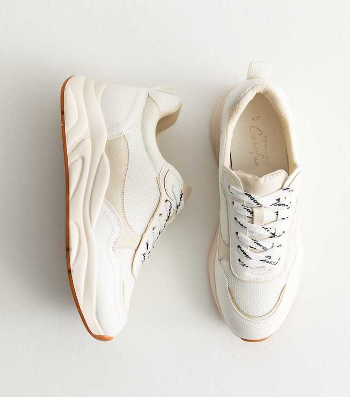White Leather-Look Chunky-Sole Trainers | New Look