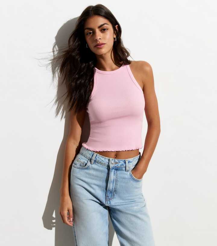 Pink Frill-Hem Crop Racer Vest | New Look