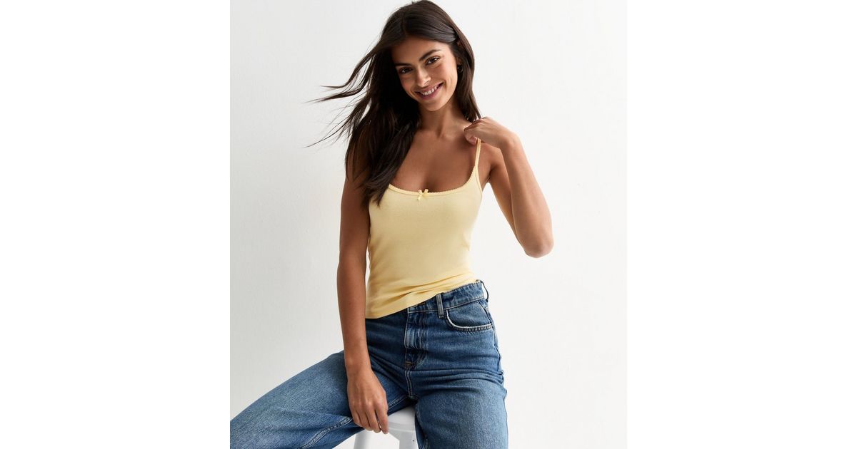 Pale Yellow Stretch-Cotton Bow Cami | New Look