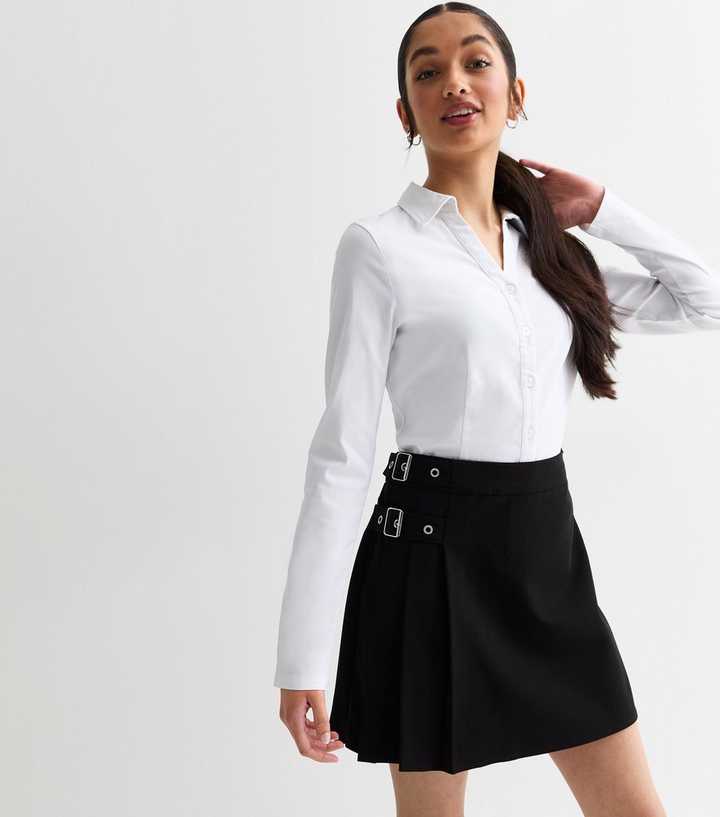 Girls Black Buckle-Detail Pleated School Skort | New Look