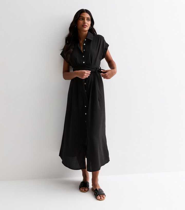 Black Belted Short Sleeve Midi Shirt Dress | New Look