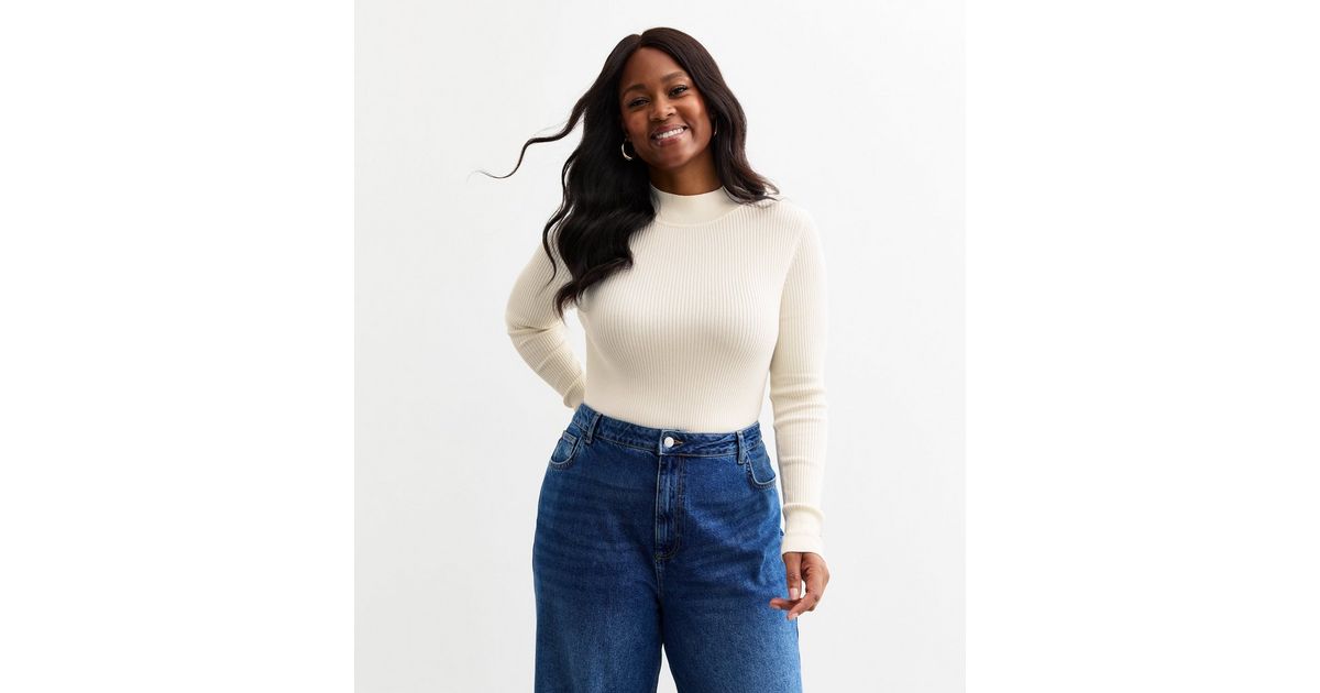 Curves Cream Button Detail Rib Knitted Jumper | New Look