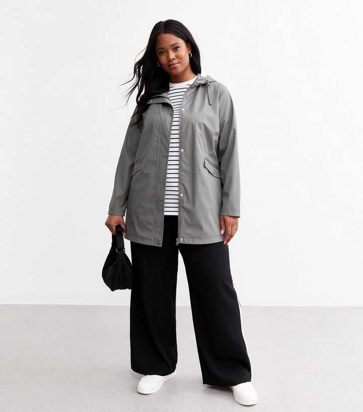 Curves Grey Hooded Rain Coat | New Look