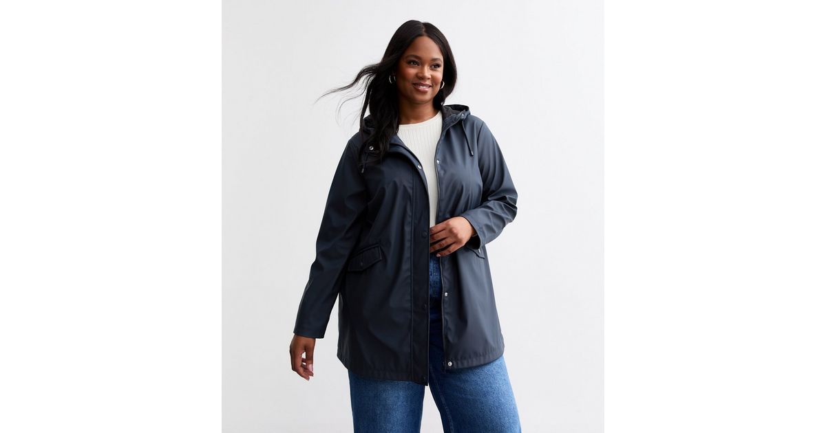 Curves Navy Hooded Rain Coat | New Look