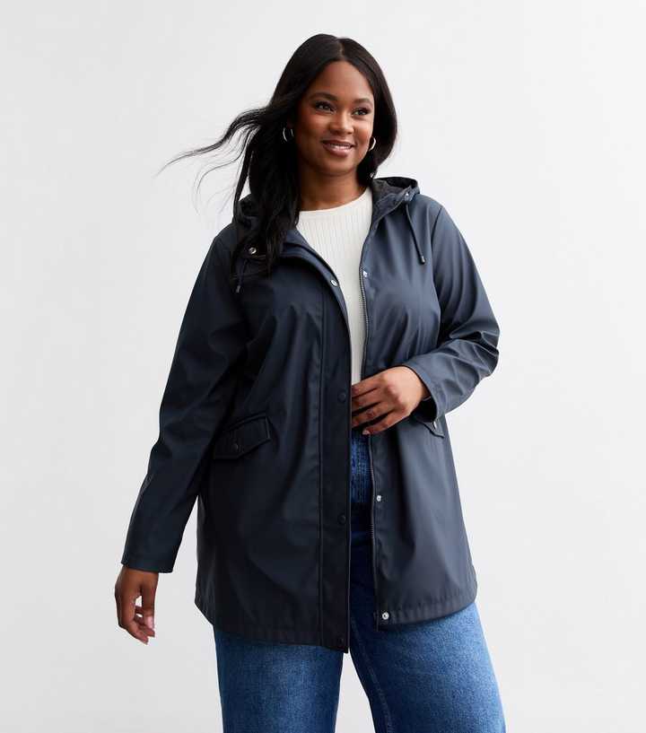 Curves Navy Hooded Rain Coat | New Look