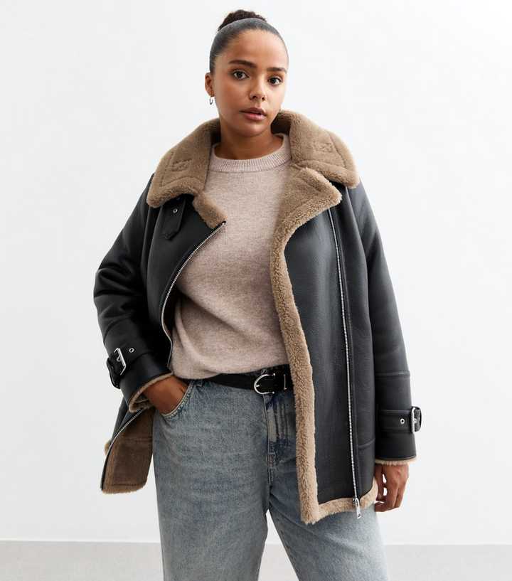 Curves Black Faux Shearling Aviator Jacket | New Look