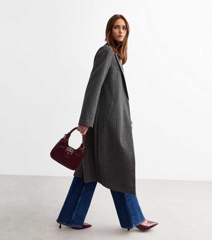 Grey Pinstriped Unlined Longline Coat | New Look
