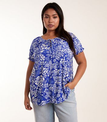 Blue Vanilla Curves Blue Floral Tie Front Top | New Look