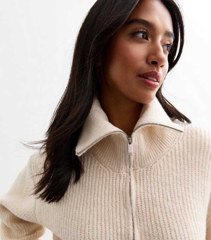 Petite Cream High Neck Two Way Zip Knitted Cardigan | New Look