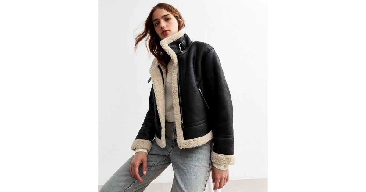 Black Faux Leather Cropped Aviator Jacket | New Look