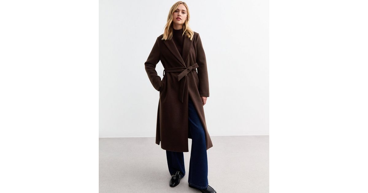 Dark Brown Tailored Unlined Longline Belt Fastening Coat | New Look