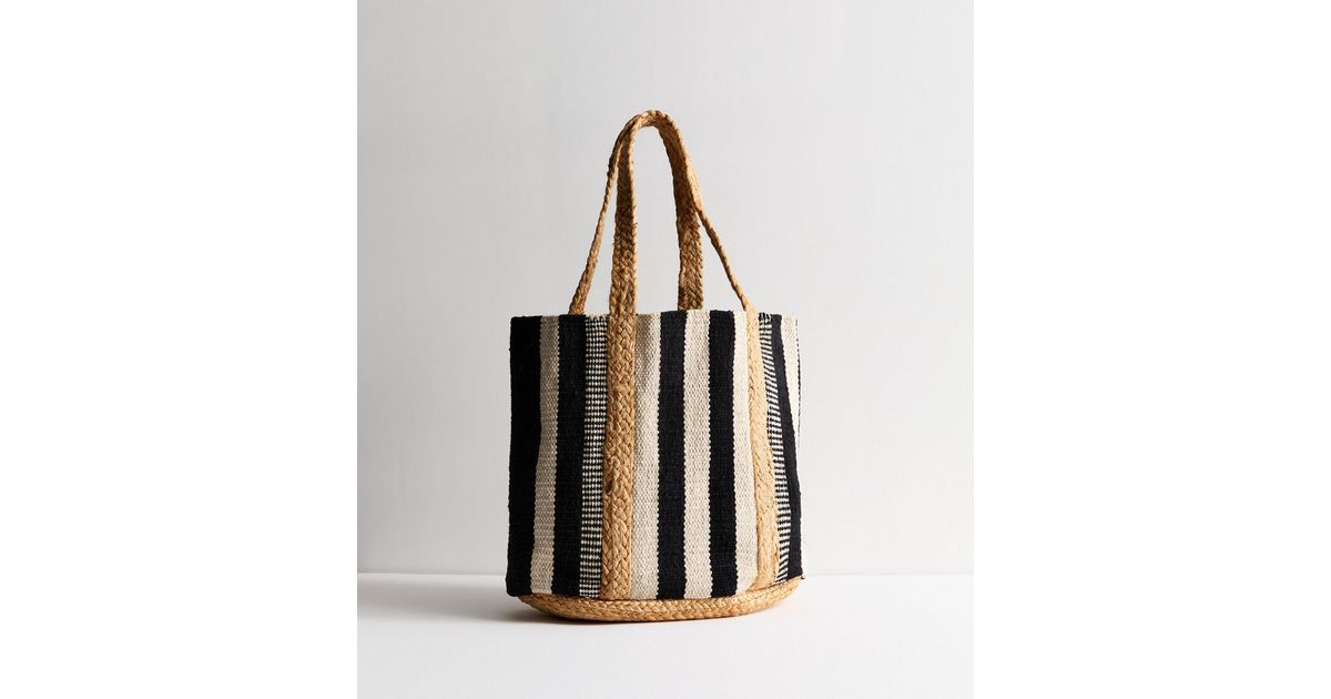 Black Raffia Stripe Canvas Tote Bag | New Look