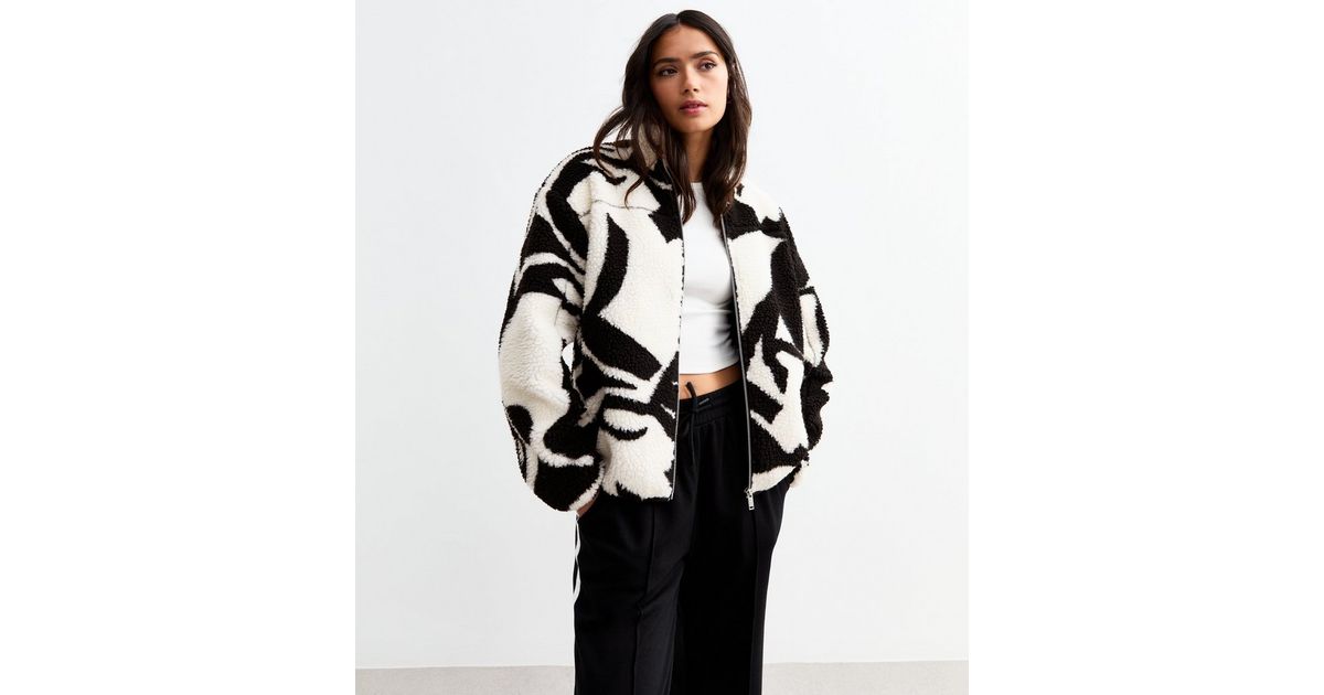 Tall Black Abstract Print Borg Jacket | New Look